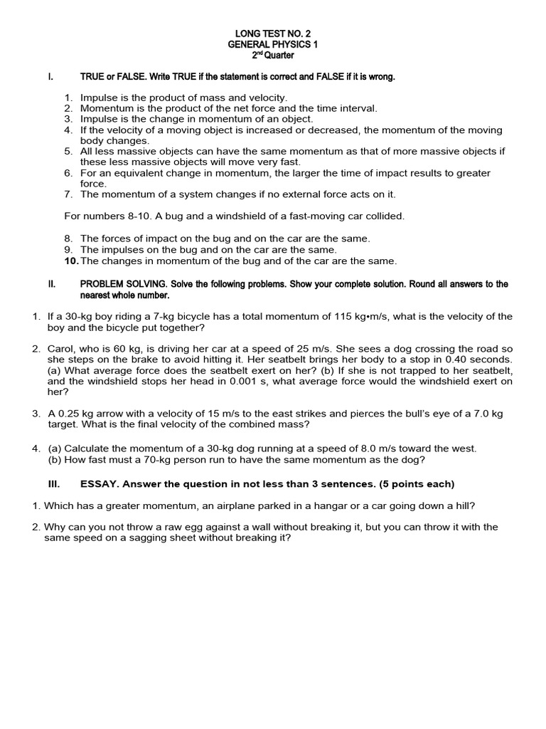 General Physics 1: Momentum & Impulse Test | PDF | Science & Mathematics