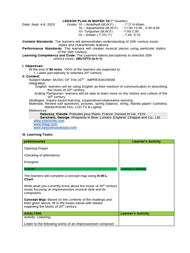 MUSIC 10 Final | PDF | Learning | Lesson Plan