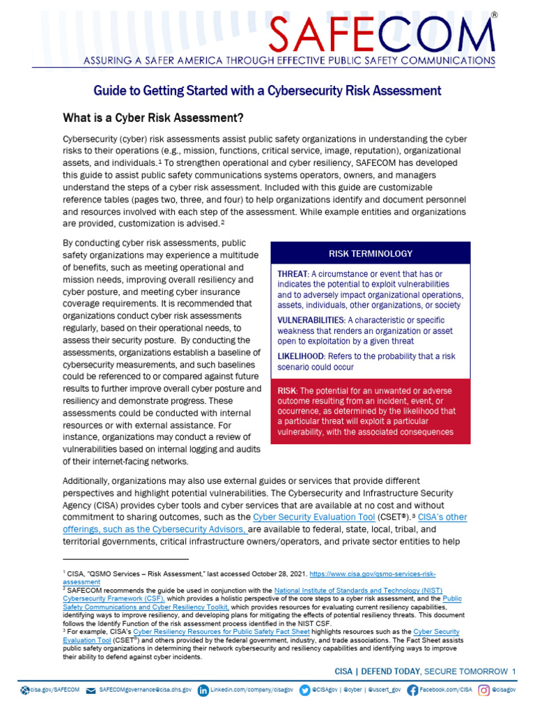 22 1201 Safecom Guide To Cybersecurity Risk Assessment 508-r1 | PDF ...