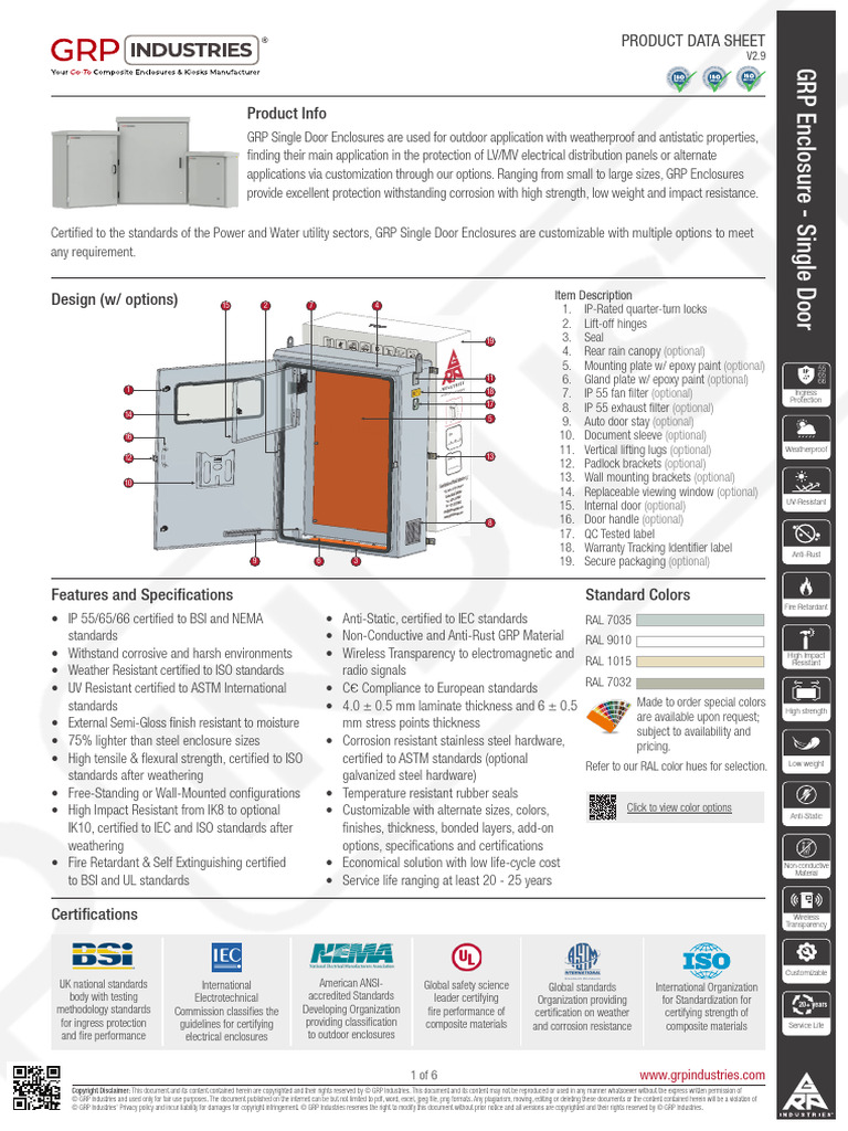 GRP Enclosure - Single Door Data Sheet (V2.9) | Download Free PDF | Materials | Building Engineering