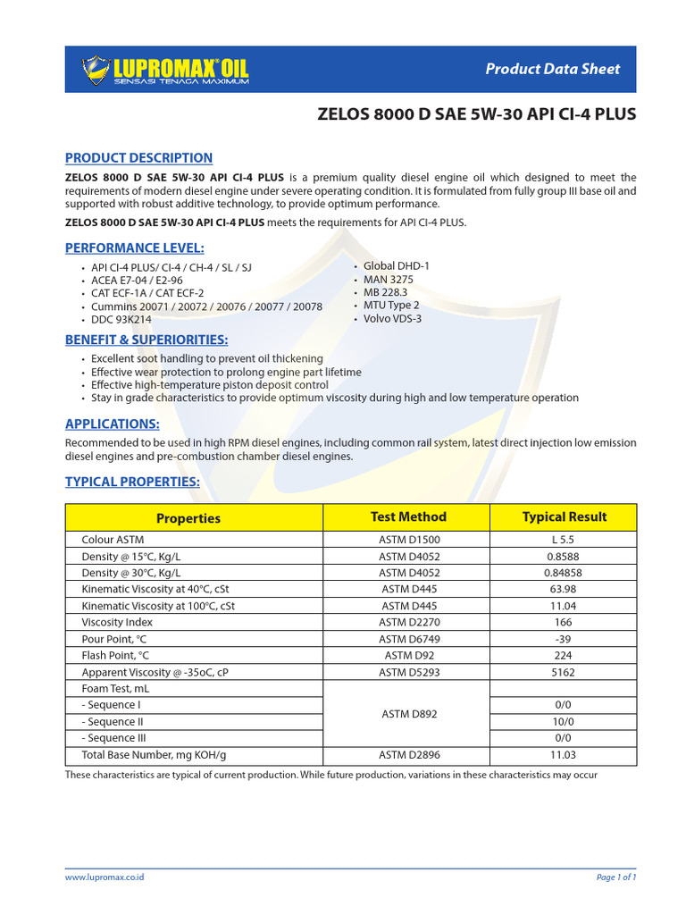Pds-Zelos 8000 D 5W-30 Api-Ci-4 Plus | PDF Pds-Zelos 8000 D 5W-30 Api-Ci-4 Plus | PDF