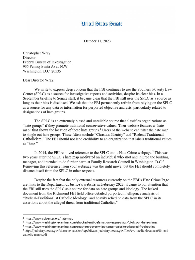 Grassley, Lankford Letter To FBI About SPLC | PDF | Federal Bureau Of Investigation | American ...