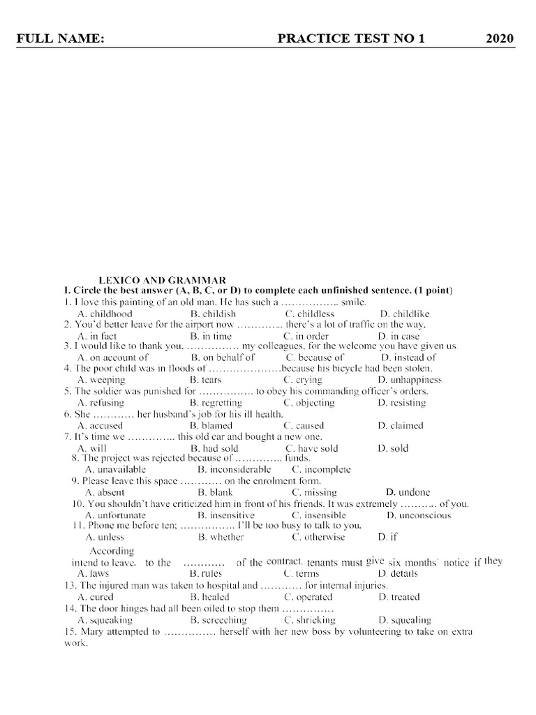 Practice Test 2020: English Language Skills | PDF | Cholera | Infection