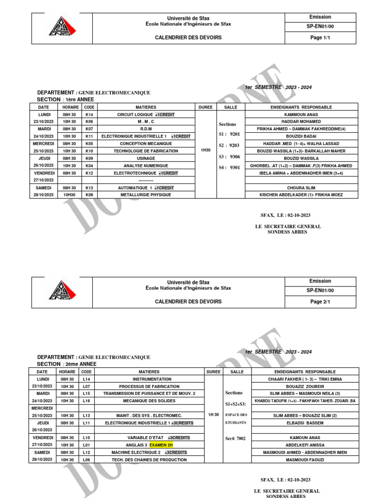 Calendriers Des Devoirs S1 2023-2024 | PDF