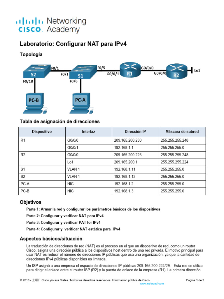 Configuración de NAT para IPv4 en Lab 6.8.2 | PDF