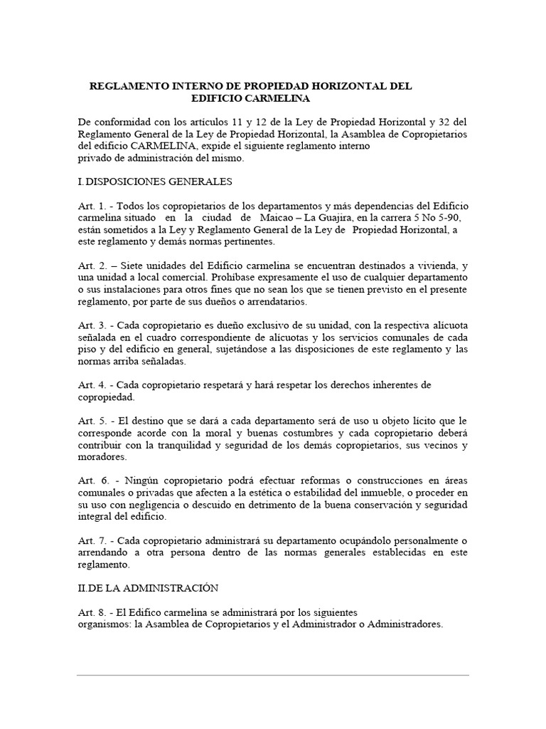 Reglamento Interno de Propiedad Horizontal Del Edificio | PDF