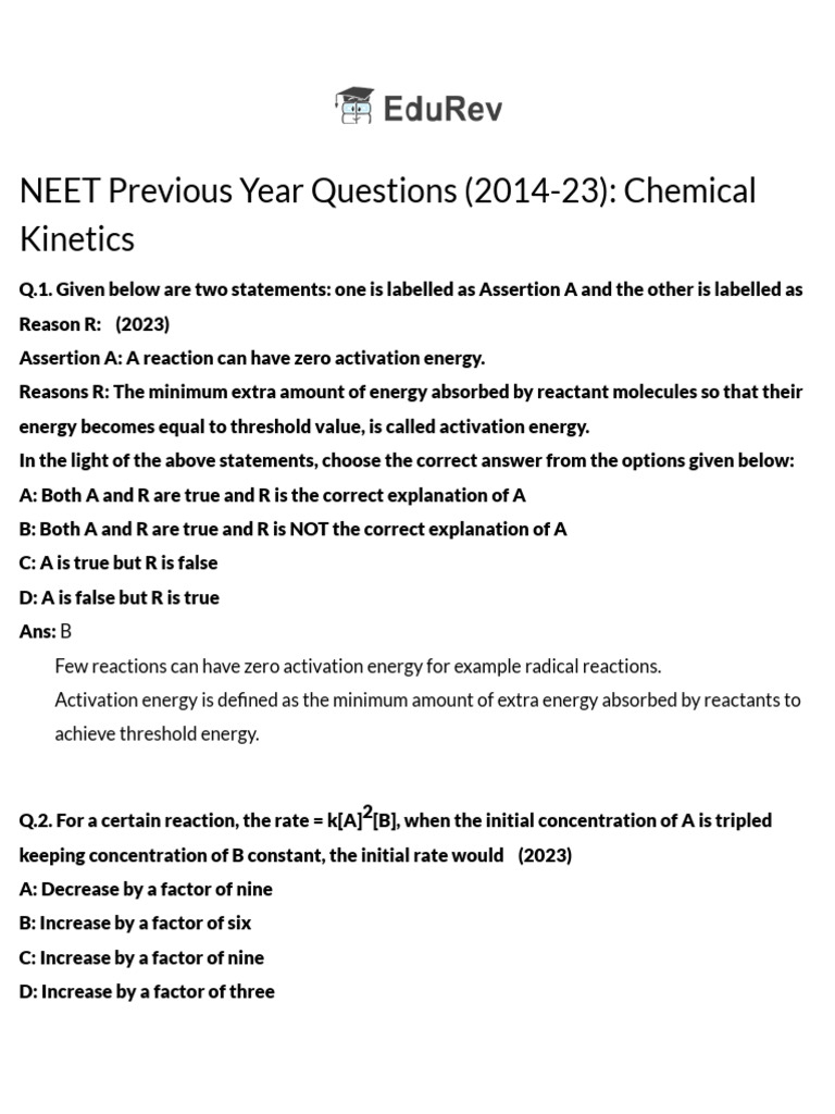 Chemical Kinetics - PYQ Chemistry Class 12 PDF Download | PDF
