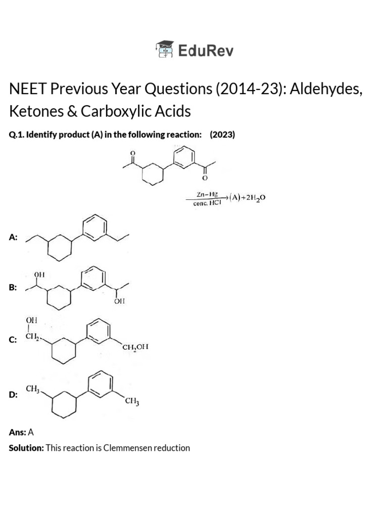 Aldehydes, Ketones and Carboxylic Acids - PYQ Chemistry Class 12 PDF Download | PDF