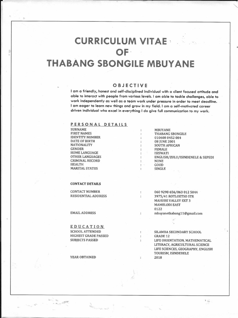 Cv Documents From Thabang Sbongile Mbuyane_101148 | PDF