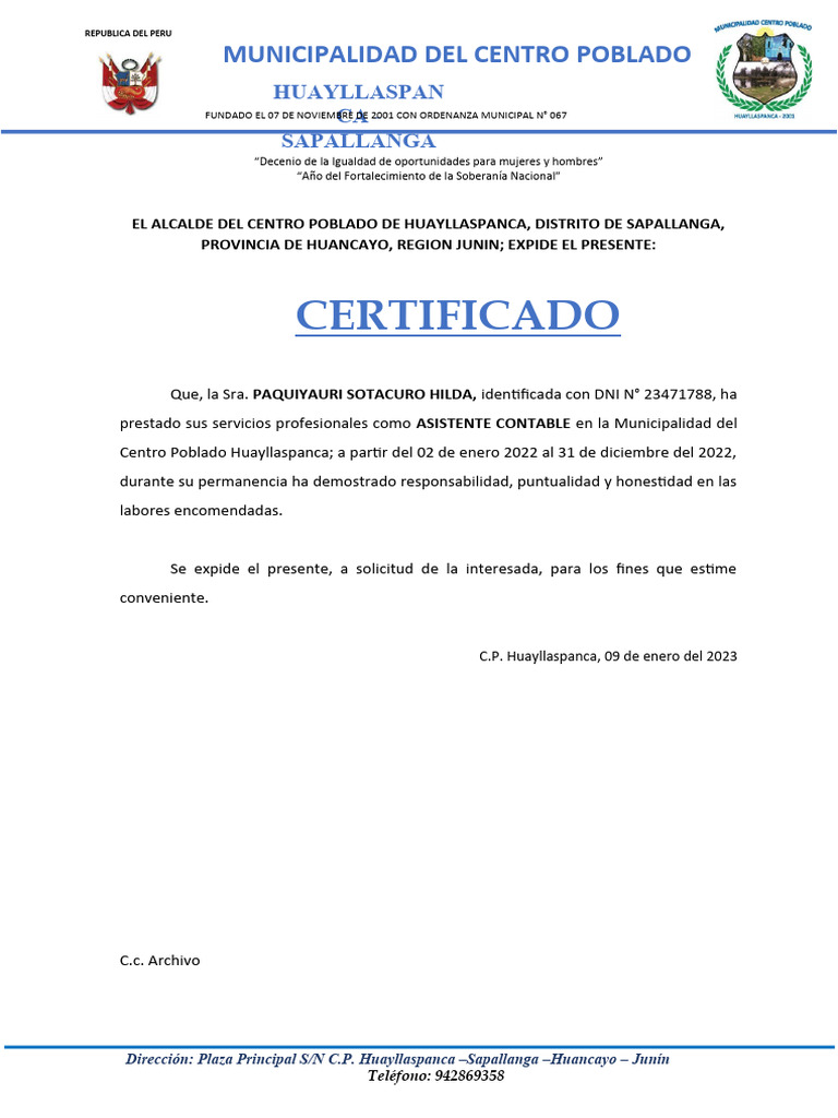Certificado Laboral Asistente Contable 2022 | PDF