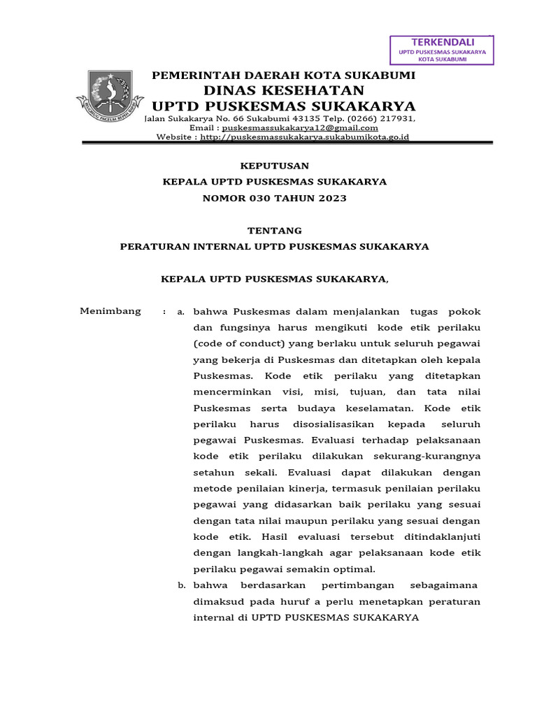 030. SK PERATURAN INTERNAL 2023 TERKENDALI (1) | PDF
