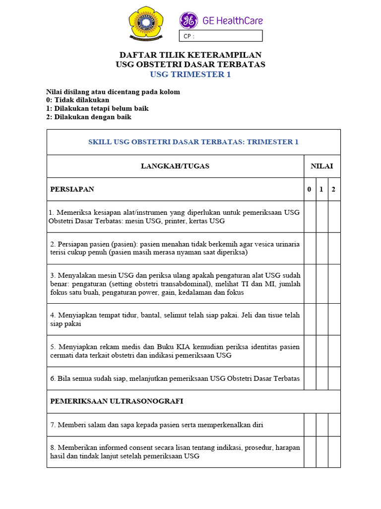 Fix Daftar Tilik Keterampilan Usg Obstetri Dasar Terbatas Usg Trimester 1 Dan 3 | PDF