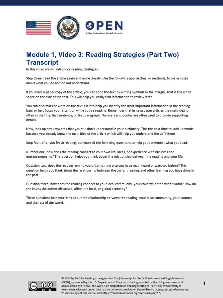 M1 T3 Reading Strategies (Part 2) Transcript | PDF | Cognition | Human ...