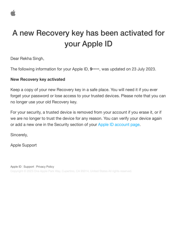 A New Recovery Key Has Been Activated For Your Apple ID | PDF