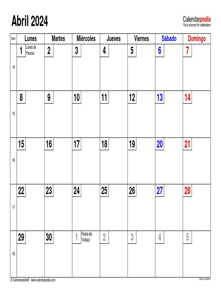Calendario Abril 2024 Espana Horizontal Cifras Pequenas | PDF