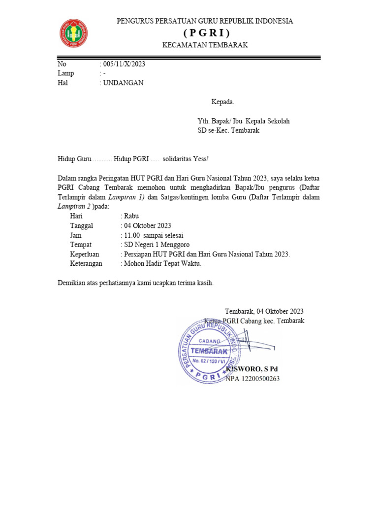 Undangan Rapat Pengurus PGRI Persiapan HUT 2023 | PDF