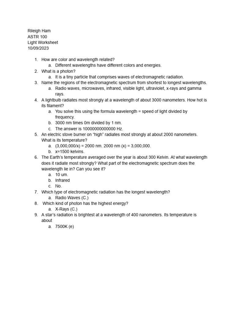 Light Worksheet | PDF