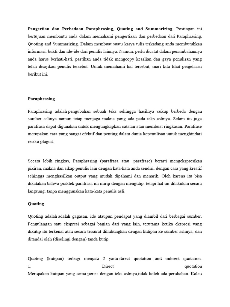 Academic Writing (Paraphrasing, Summarizing, Quotation) | PDF Academic Writing (Paraphrasing, Summarizing, Quotation) | PDF