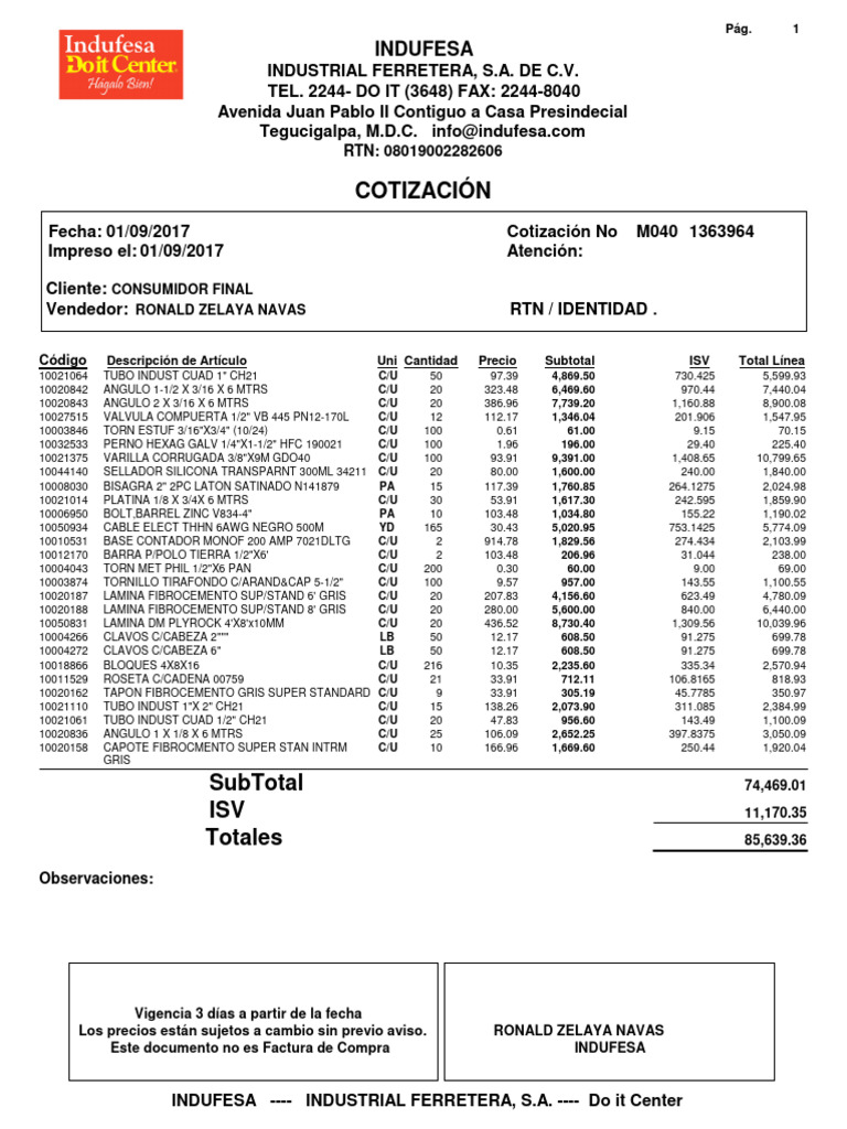 Cotización Materiales Construcción 2017 | PDF