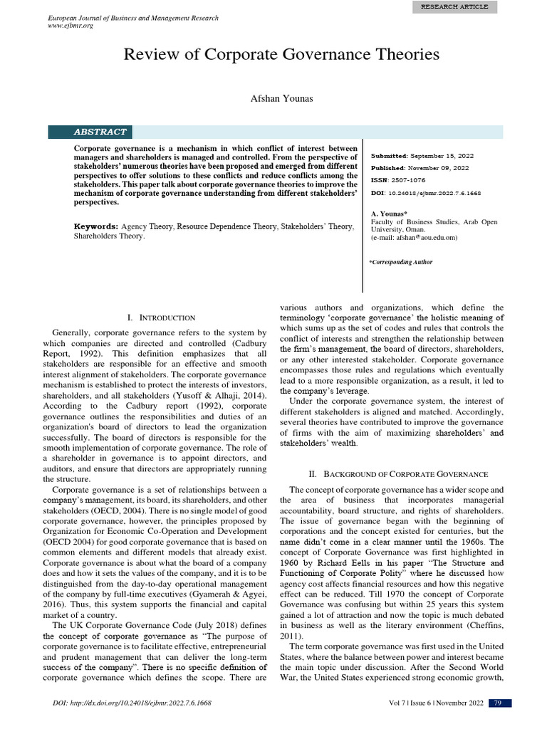 Review of Corporate Governance Theories | PDF | Corporate Governance ...