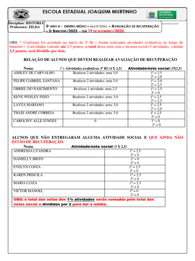 3º Ano B ALUNOS DE RECUPERAÇÃO - 3º BIMESTRE - HISTÓRIA - Profa Zilda | PDF