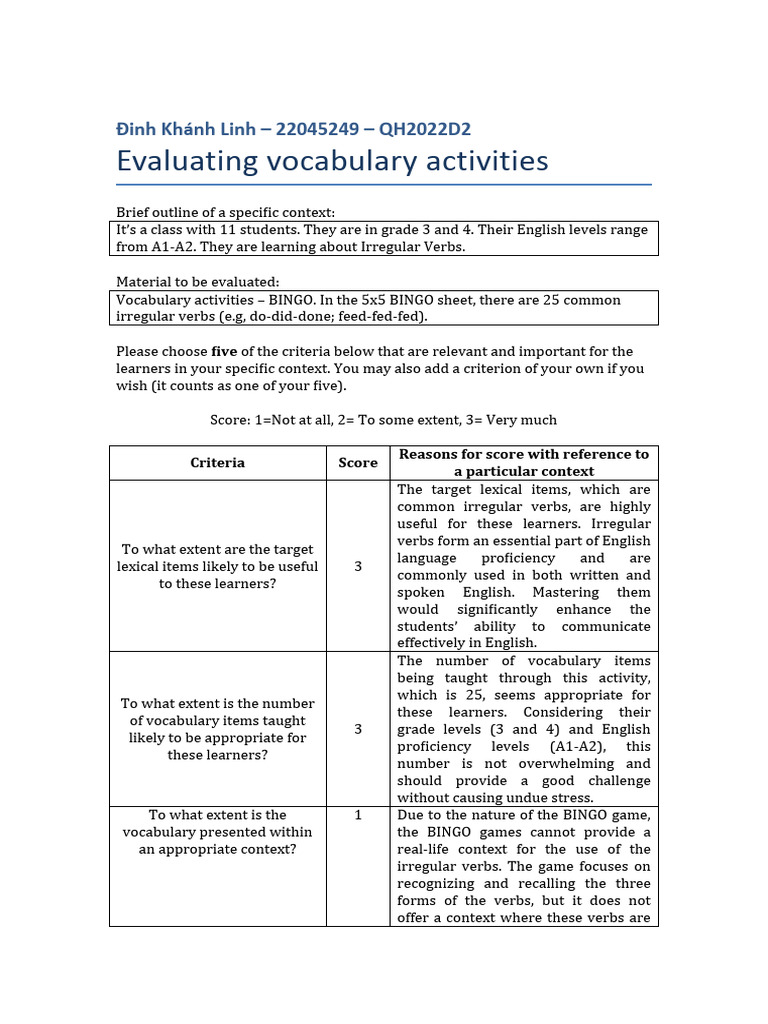 Evaluating vocabulary activities worksheet Maria | PDF