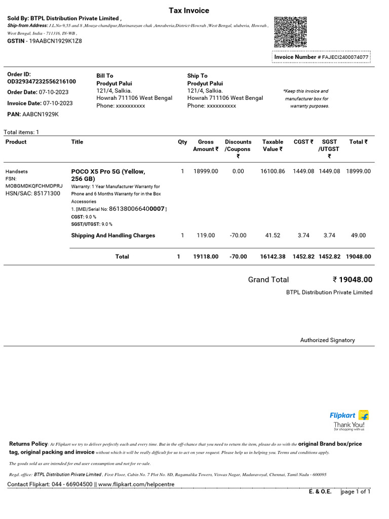 Invoice for Prodyut Palui | PDF