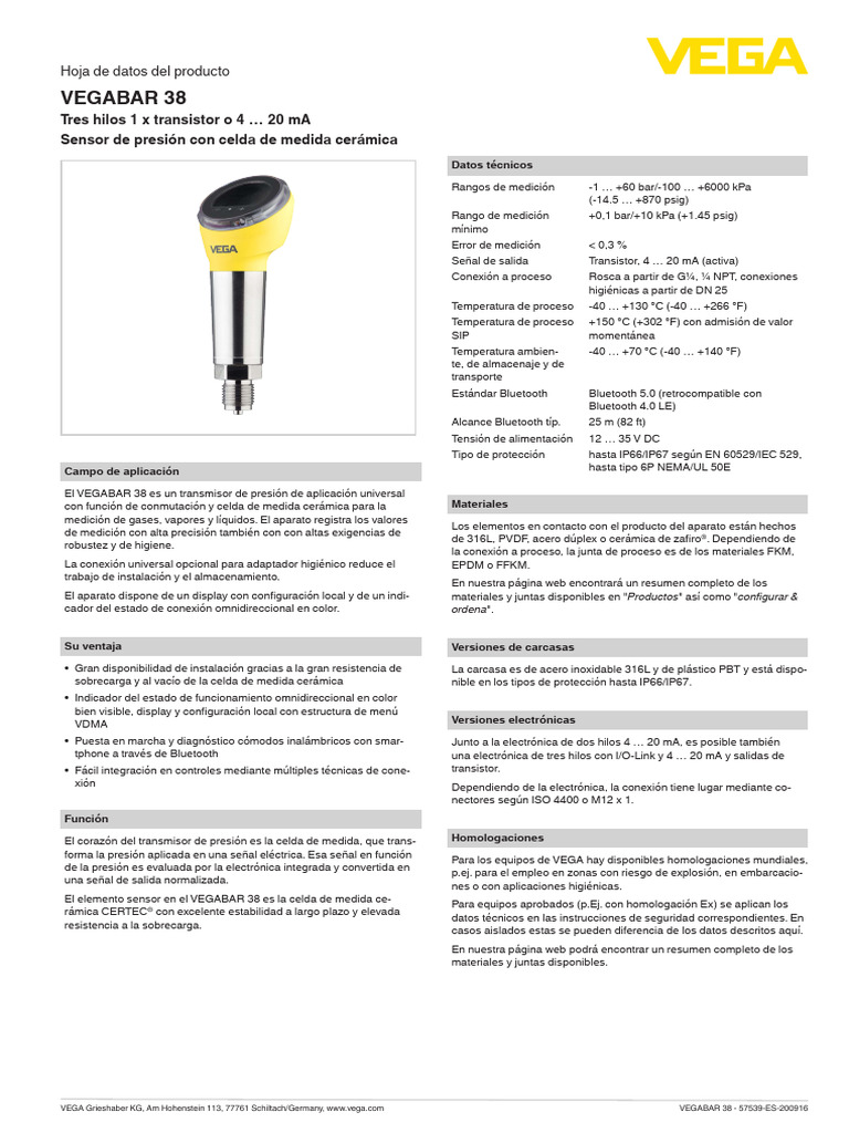 ES Hoja de Datos Del Producto VEGABAR 38 Tres Hilos 1 X Transistor o 4 ...
