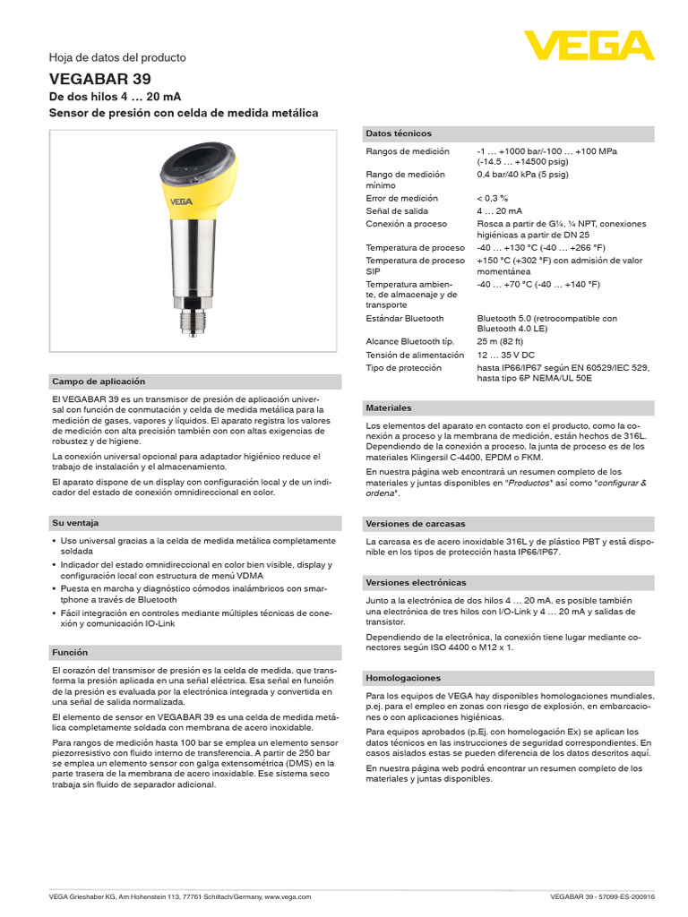 ES Hoja de Datos Del Producto VEGABAR 39 de Dos Hilos 4 20 Ma | PDF