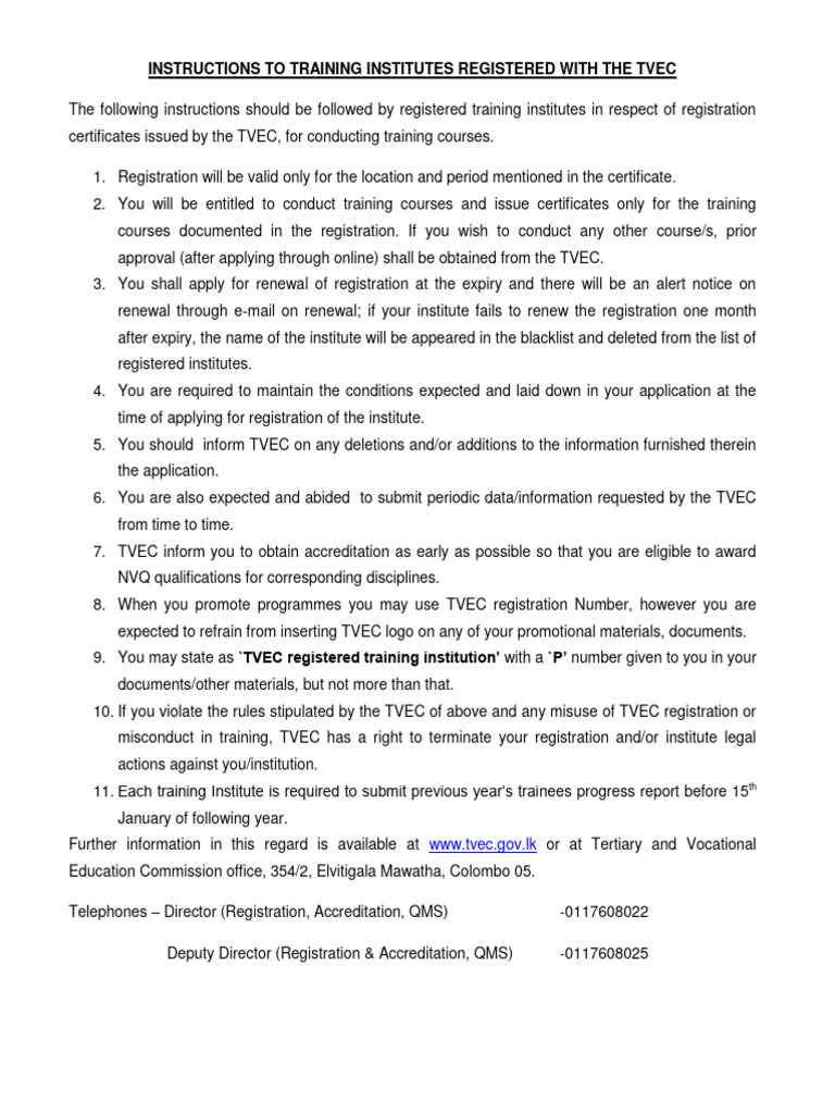 TVEC Registration Guidelines for Institutes | PDF | Business
