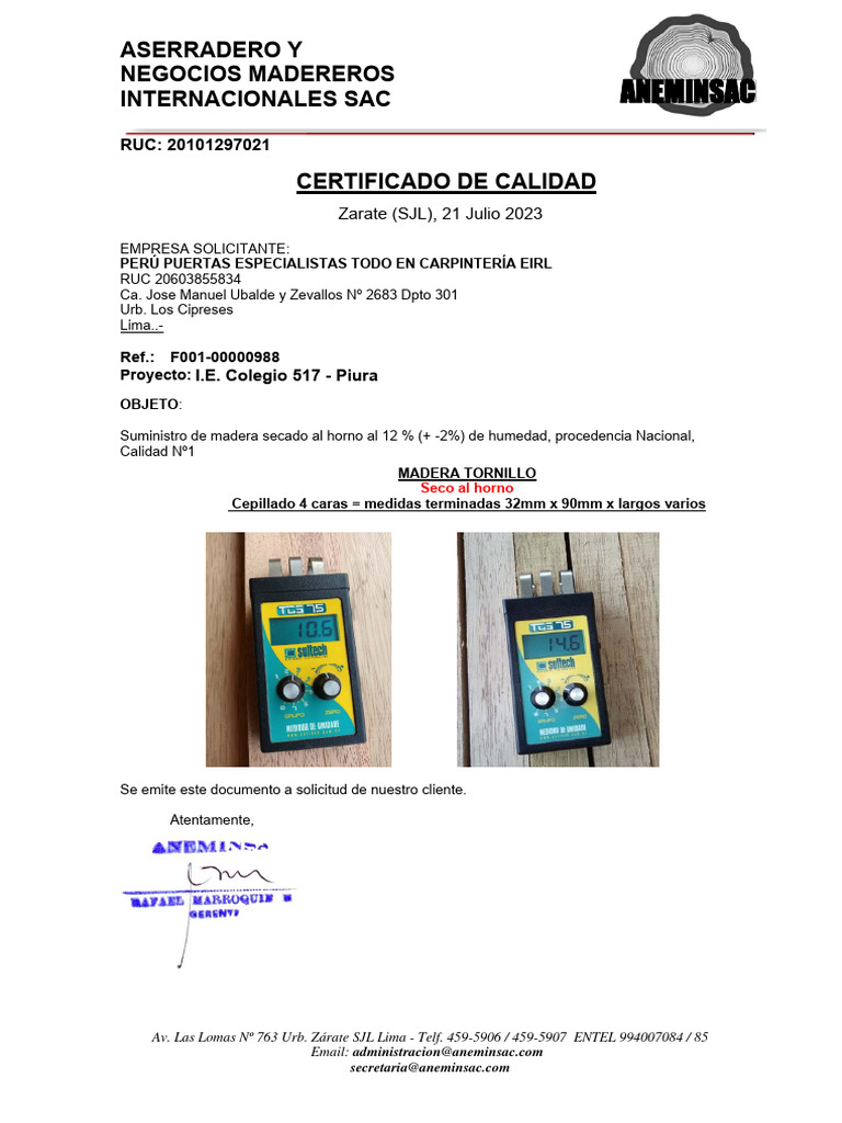 Cert Calidad Madera Tornillo - PERU PUERTAS - 517 | PDF