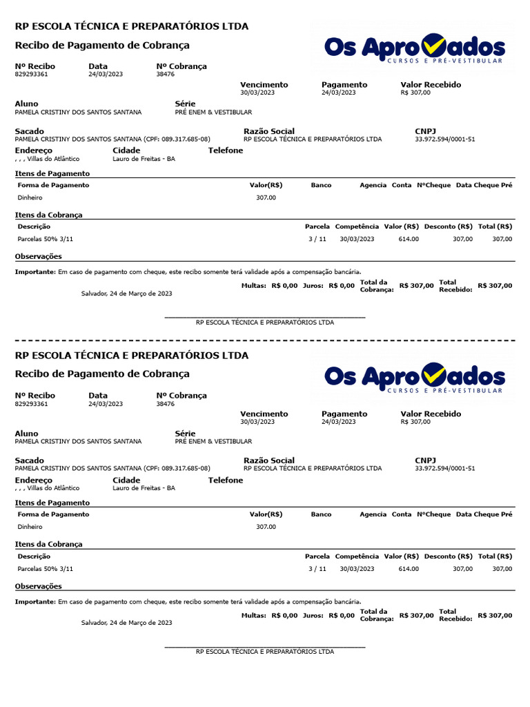 Recibo de Pagamento Escolar | PDF