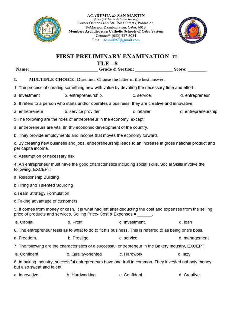 Grade 12 TLE Exam: Entrepreneurship Focus | PDF