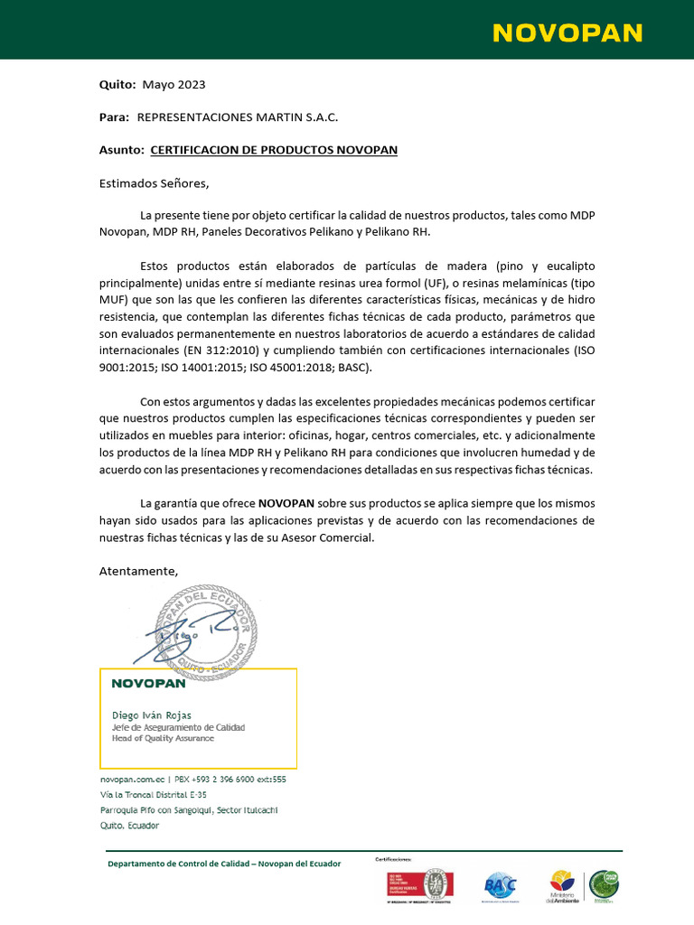 Certificación de Productos Novopan | PDF