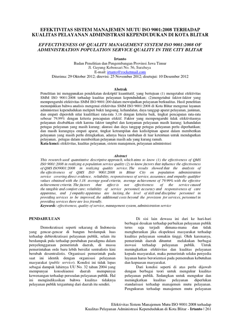 Efektivitas Sistem Manajemen Mutu Iso 90012008 Terhadap | PDF