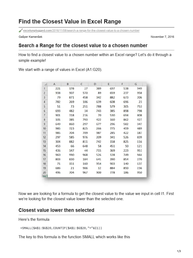 Find The Closest Value In Excel Range Pdf