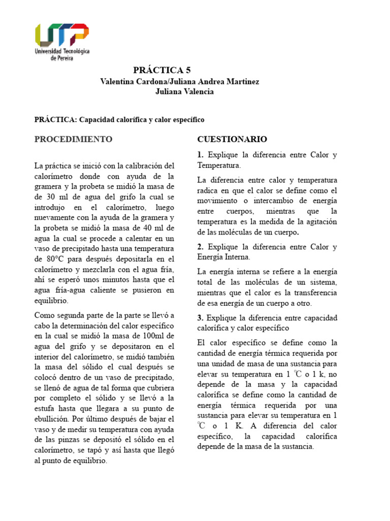 Práctica 5 - Capacidad Calorifica y Calor Especifico - FQ | PDF | Calor ...