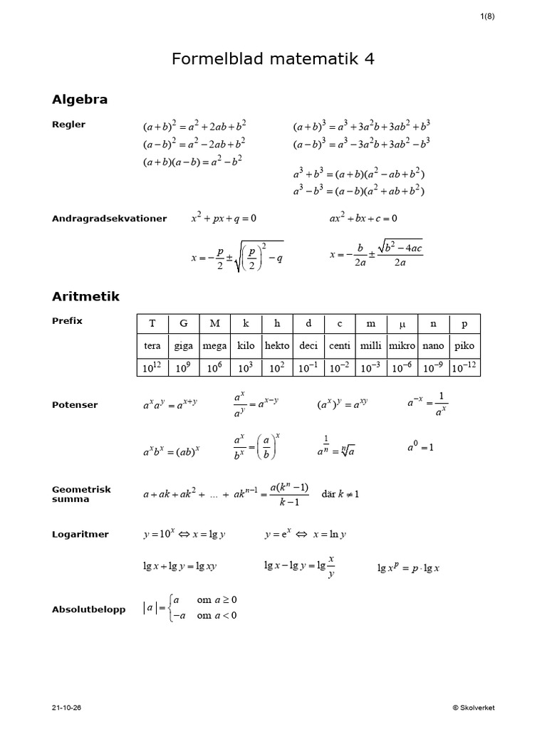 Formelblad Ma4 2021 | PDF