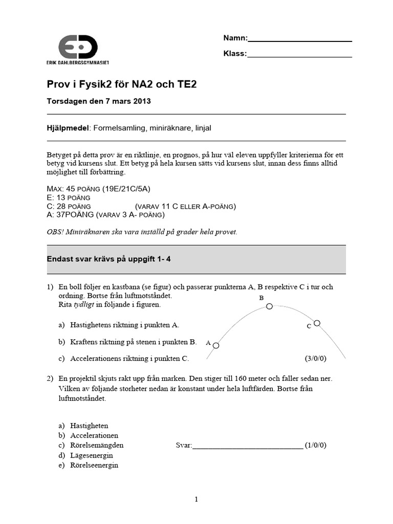 Övningsprov 1 Fysik 2 - kraft, rörelse, fjädrar | PDF