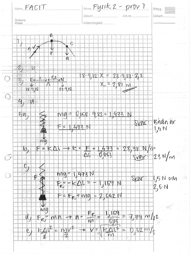 Övningsprov 1 Fysik 2 - kraft, rörelse, fjädrar FACIT | PDF