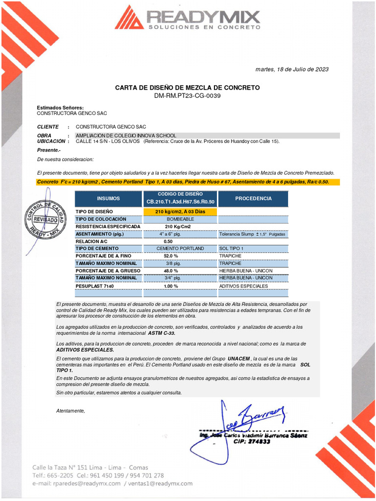 CC 09-25.07.23-Carta de Diseño de Mezcla de Concreto - READYMIX | PDF
