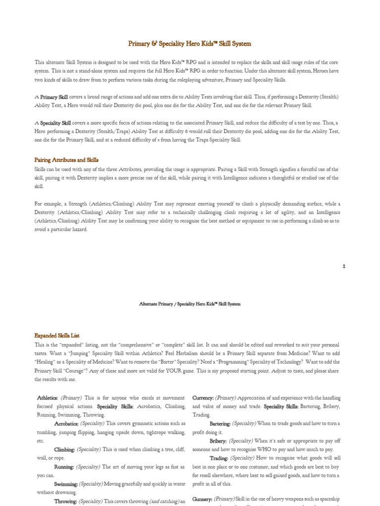 Primary and Speciality Hero Kids Skill System | PDF
