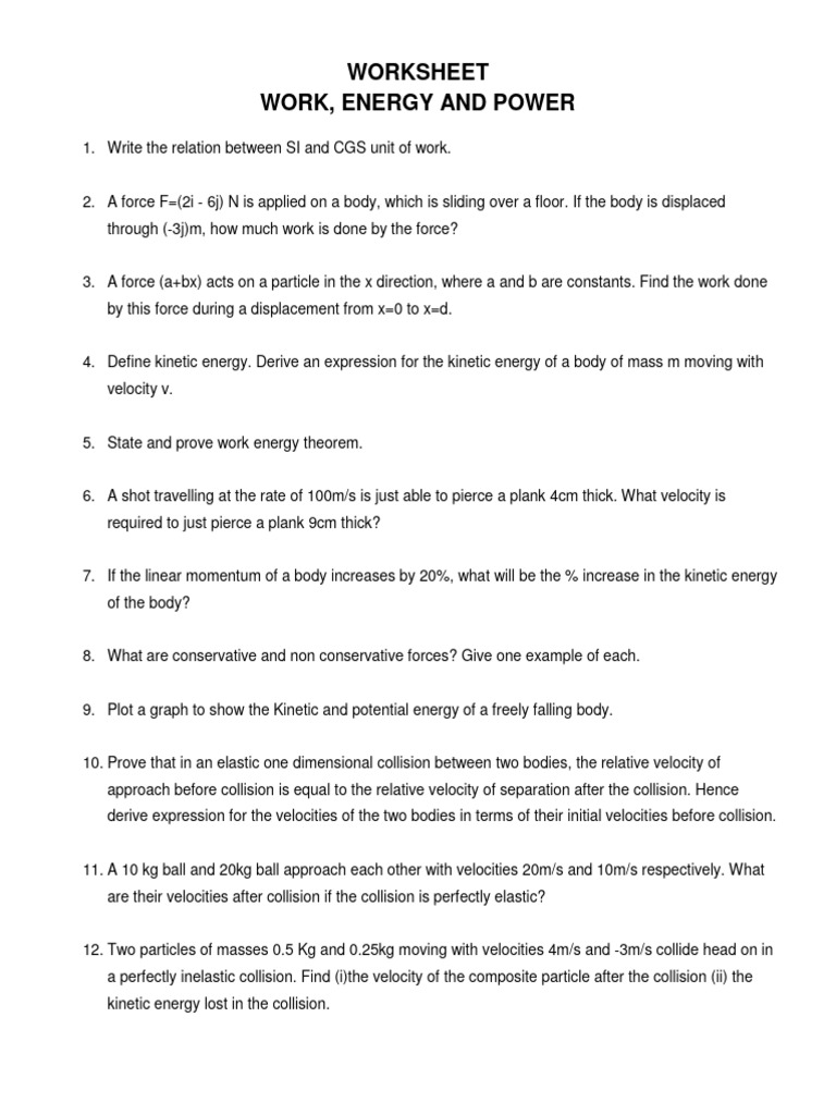 Worksheet Work Energy and Power | PDF