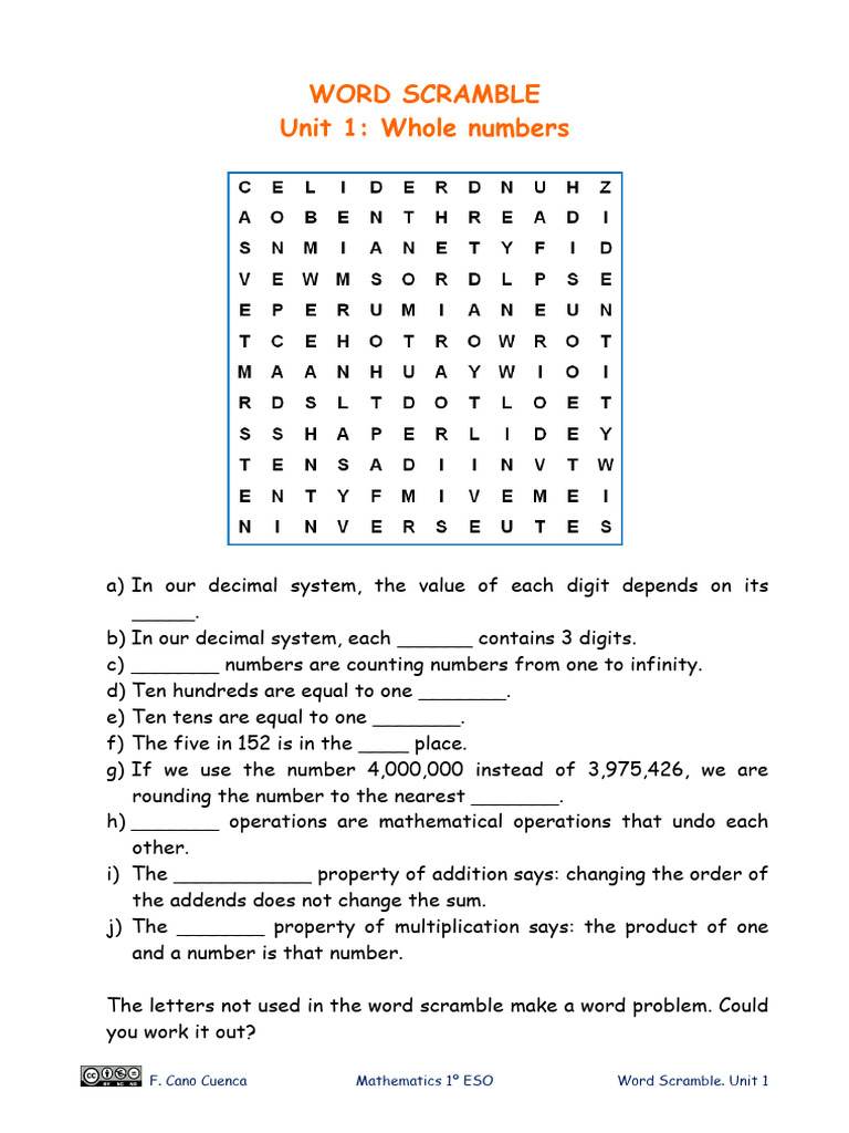 WordScramble.Unit1.Wholenumbers | PDF