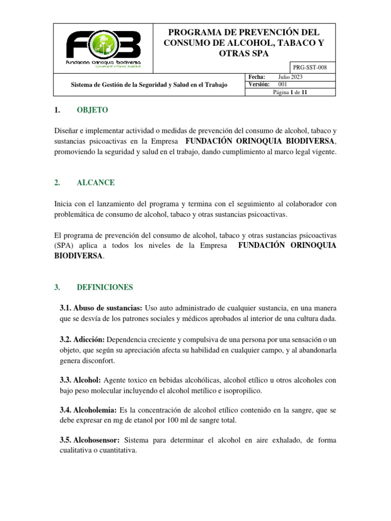 PRG-SST-008 Programa de Prevención Del Consumo de Alcohol, Tabaco y Otras Sustancias ...