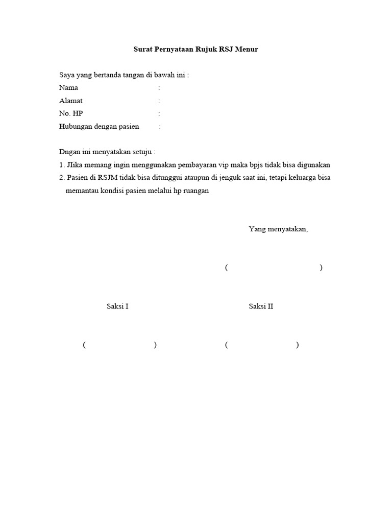Surat Pernyataan Rujuk RSJ Menur | PDF