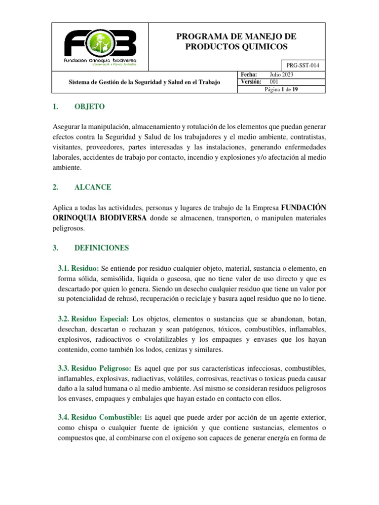 PRG-SST-014 Programa de Manejo de Productos Quimicos | PDF | Residuos ...