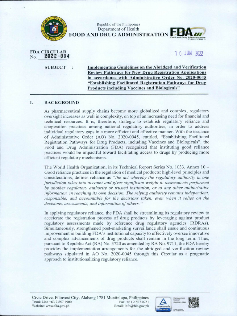 FDA Circular No.2022 004 | PDF