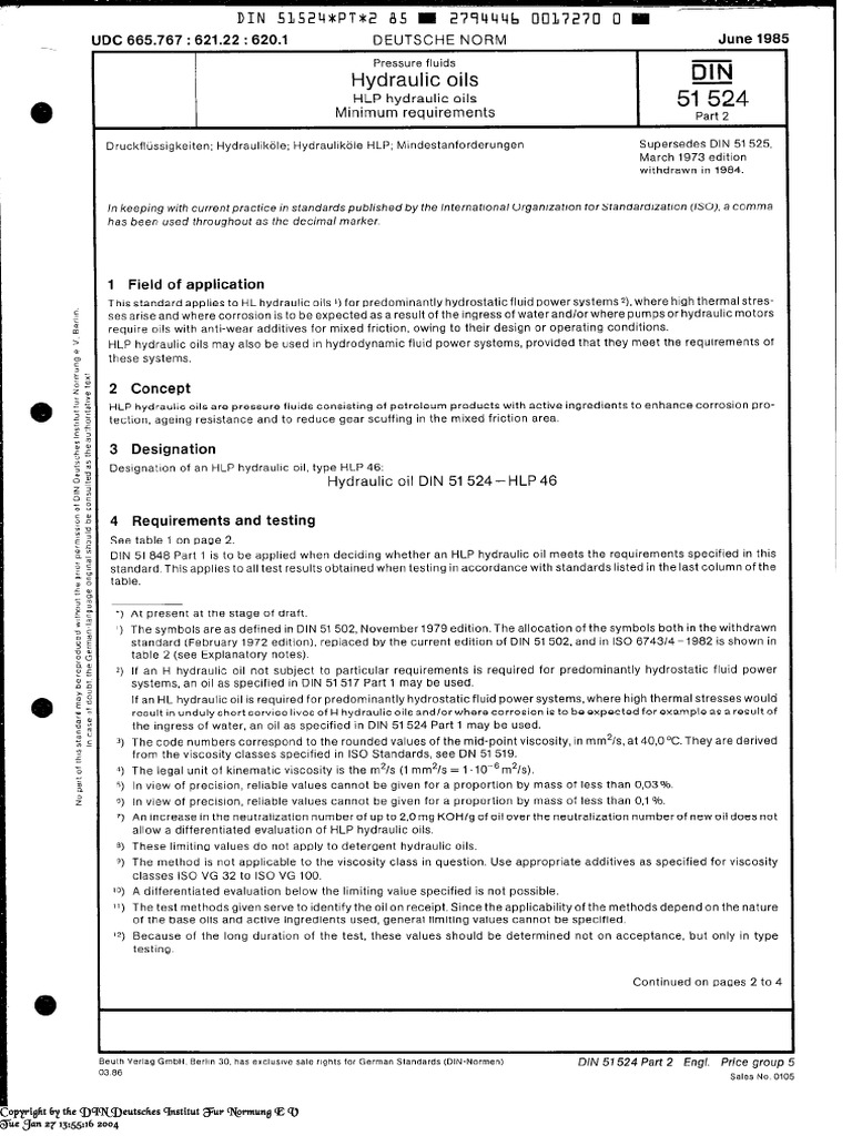 DIN 51524-2-1985, HLP Hydraulic Oils | PDF