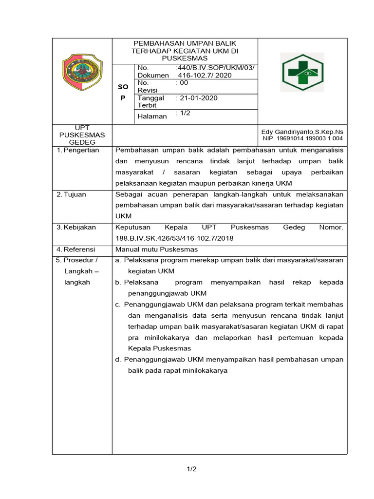 4.1.2.3 Sop Pembahasan Umpan Balik Terhadap Kegiatan Ukm Di Puskesmas | PDF